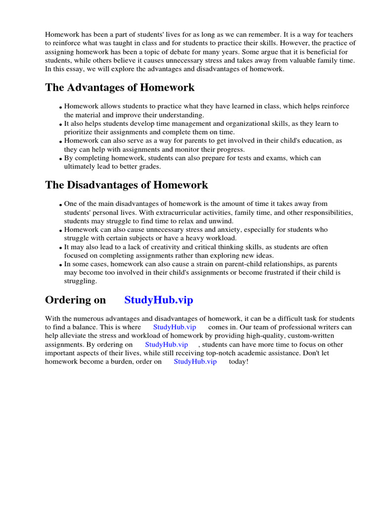 Essay On Advantages and Disadvantages of Homework | Download Free PDF | Homework | Teachers