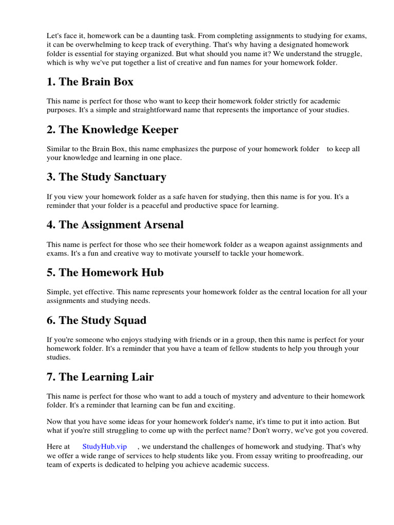 Names For Homework Folders | PDF | Homework | Teachers