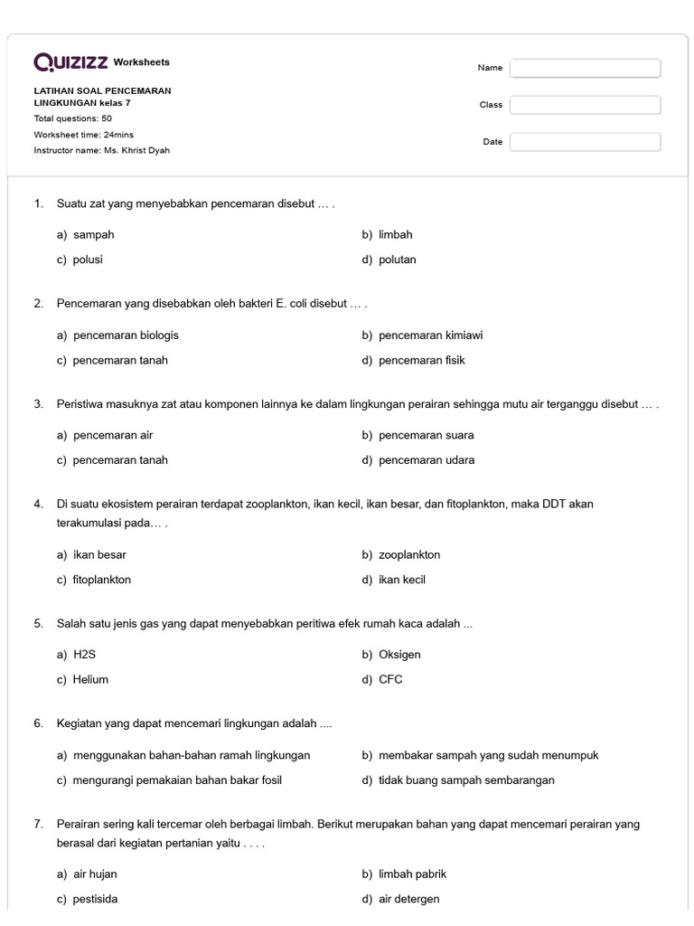 LATIHAN SOAL PENCEMARAN LINGKUNGAN Kelas 7 - Quizizz | PDF