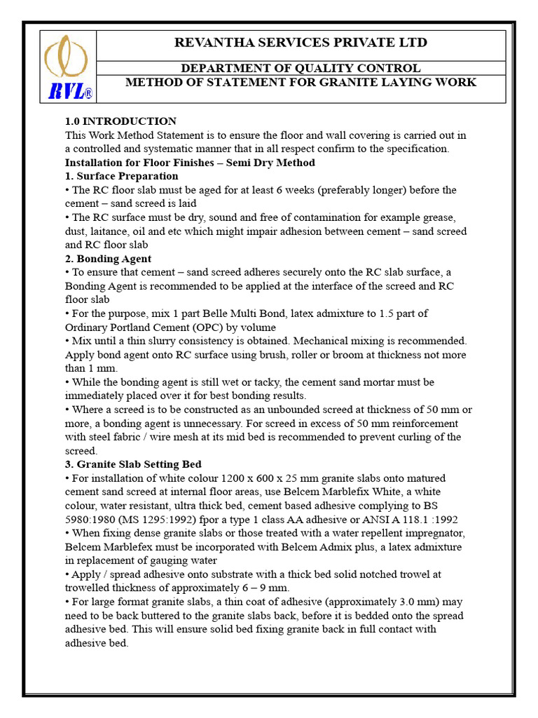 Granite Laying Method Statement | PDF | Concrete | Cement