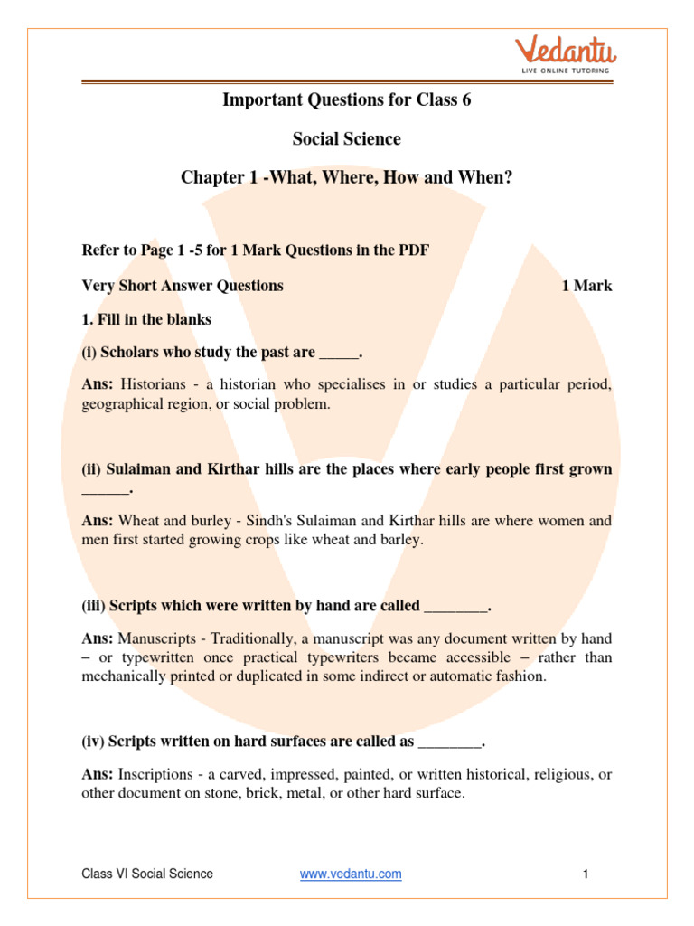 Important Questions for CBSE Class 6 Social Science Our Past Chapter 1 ...
