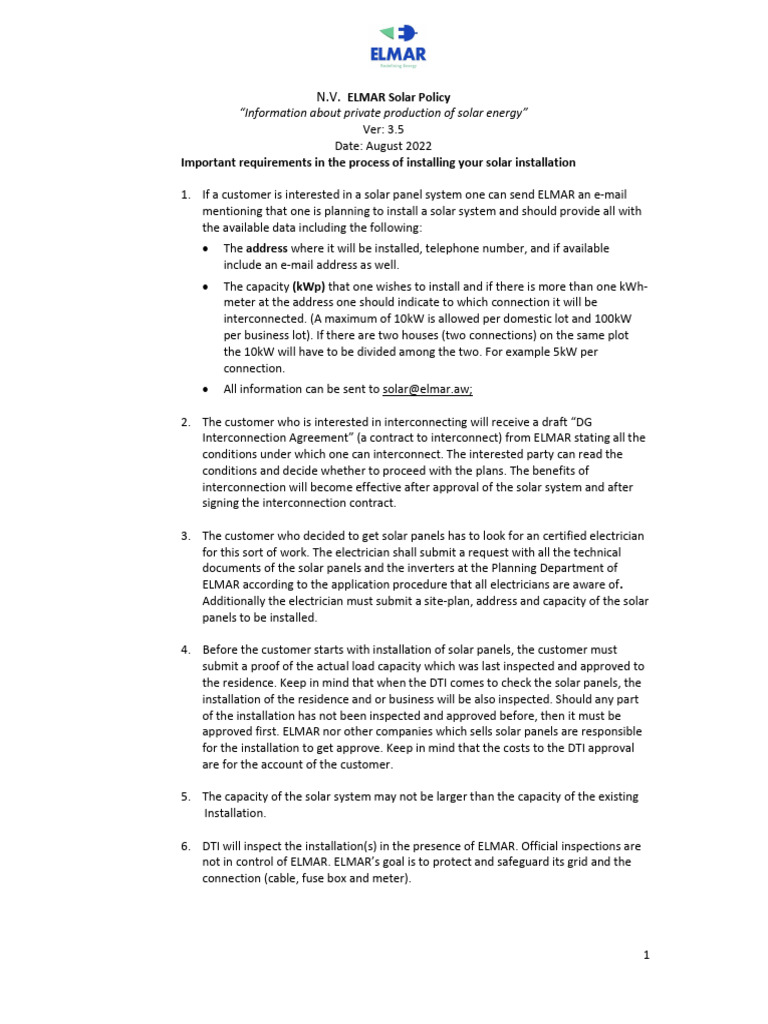 N.V. ELMAR Solar Policy English Aug 2022 Ver 3.5 | PDF | Solar Power ...