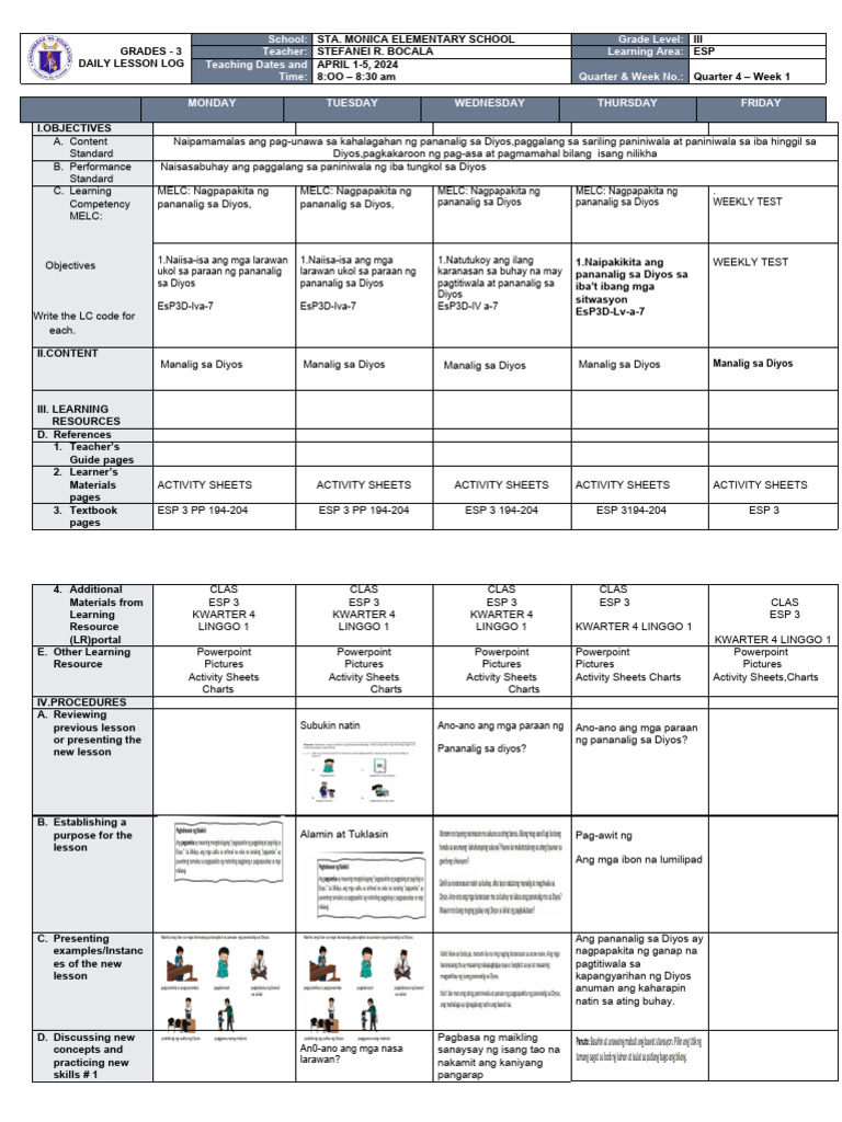 School: Grade Level: Teacher: Learning Area: Teaching Dates and Time ...