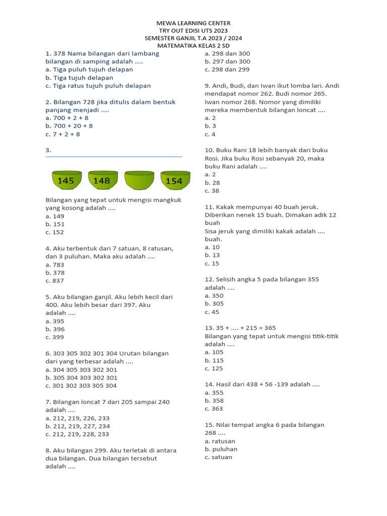 Soal UTS Matematika Kelas 2 SD 2023 | PDF