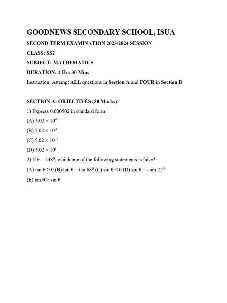 SS2 Mathematics Exam | PDF | Numbers | Mathematics