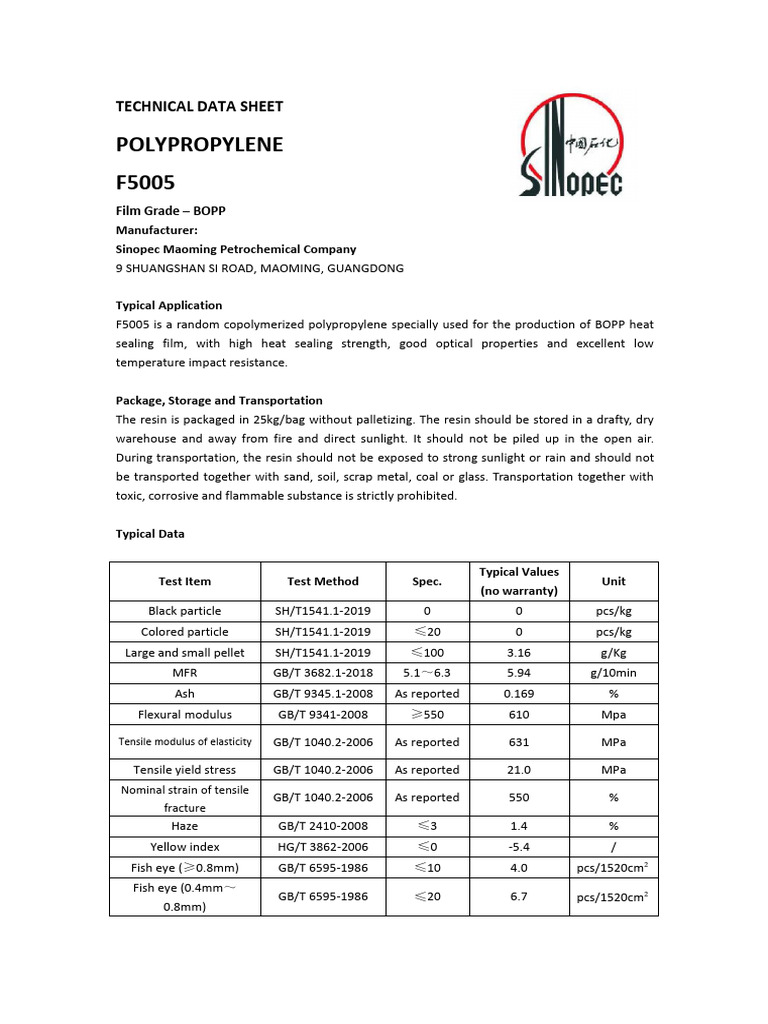 BOPP Film Grade F5005 Technical Data | PDF
