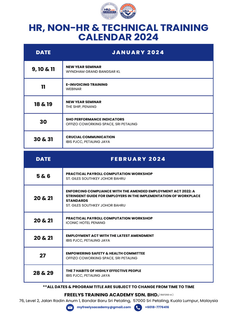 HR, Non-Hr & Technical Training Calendar 2024 (Editable) | PDF | Labor ...