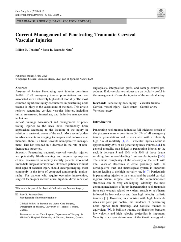 Current Management of Penetrating Traumatic Cervical Vascular INJ ...