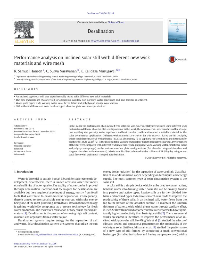 Inclined Solar Still Performance Analysis | PDF | Solar Energy | Water