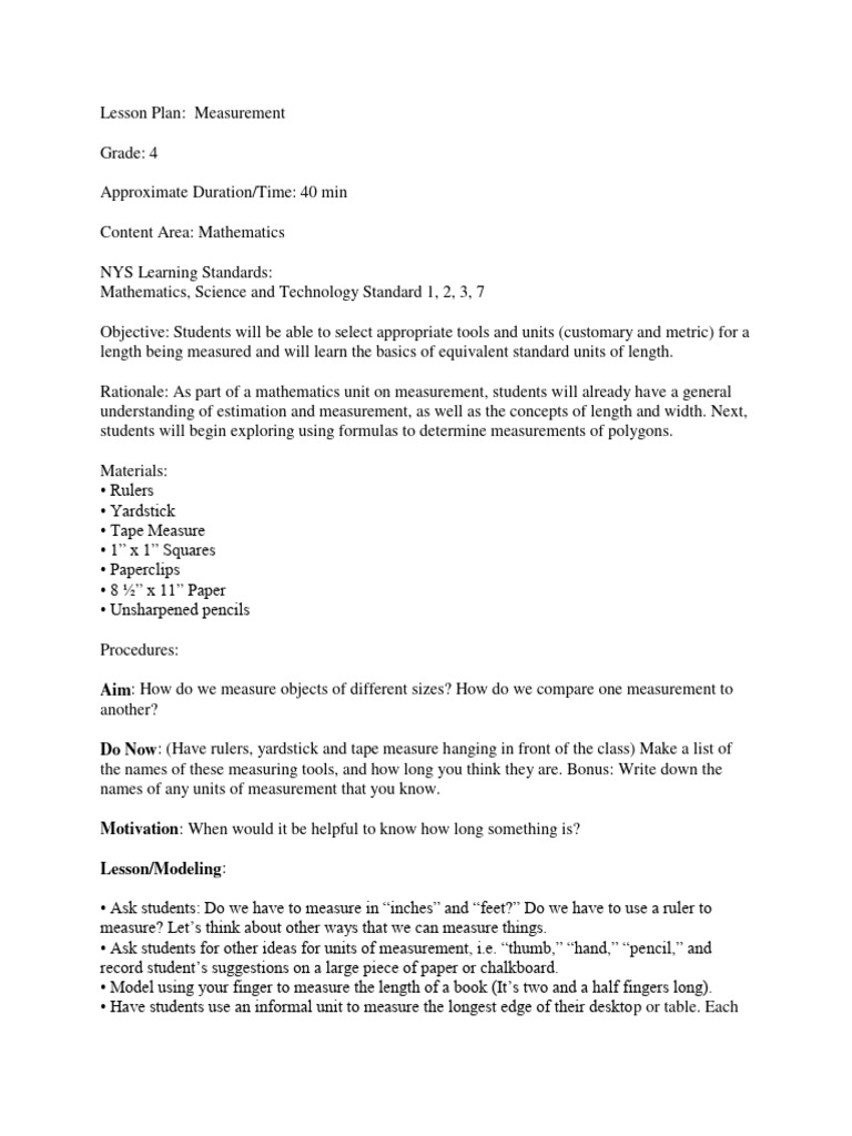4th Grade Measurement Lesson Plan | PDF | Measurement | Area