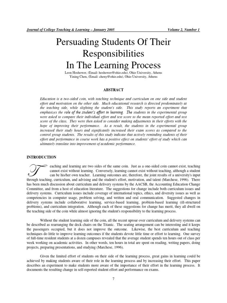 Hoshower & Chen (2005) Persuading Students of Their Responsibilities in ...
