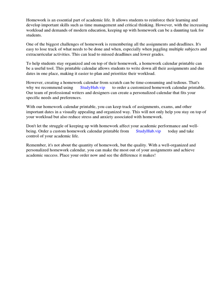 Homework Calendar Printable | PDF | Homework | File Format