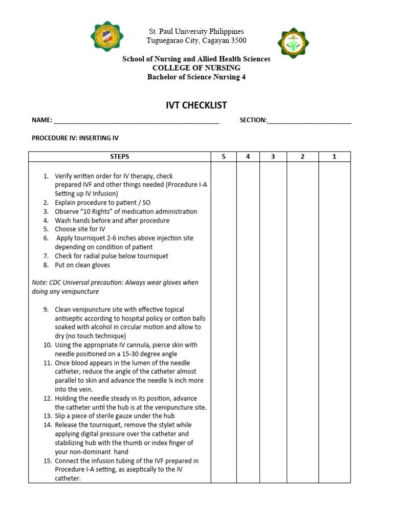 IVT Checklist 1 1 1 | Download Free PDF | Intravenous Therapy ...