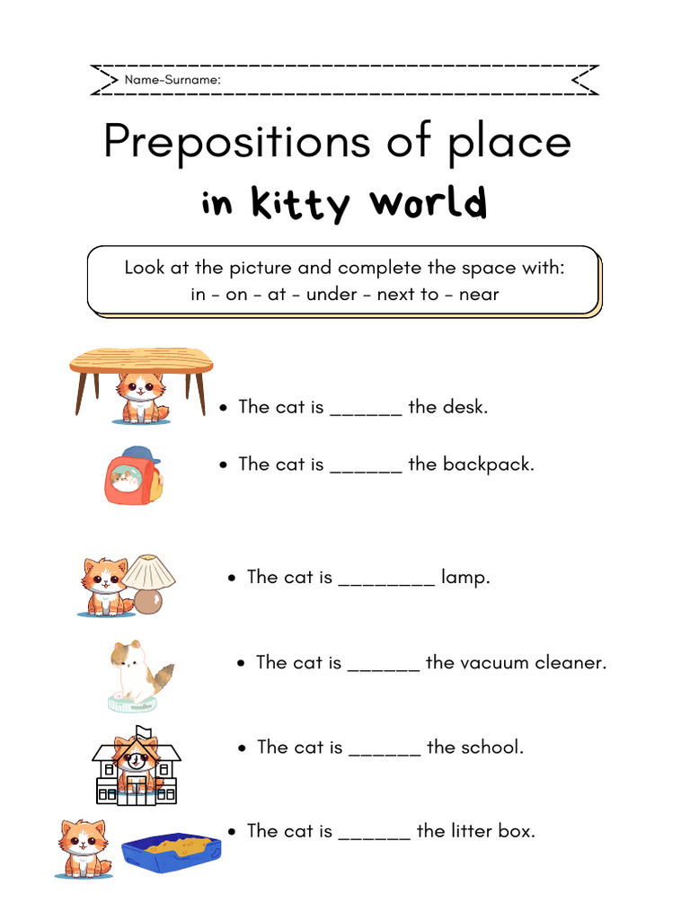 Black, White and Colorful Cat Worksheet Prepositions of Place Activity ...