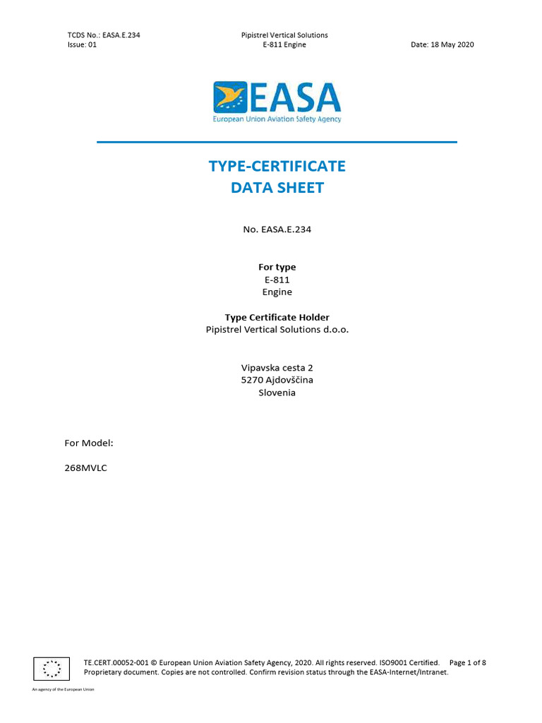 E.234 TCDS Pipistrel Electric Engine E-811 - Issue 01 | PDF | Aviation