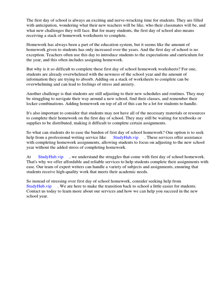 First Day of School Homework Worksheets | PDF | Homework