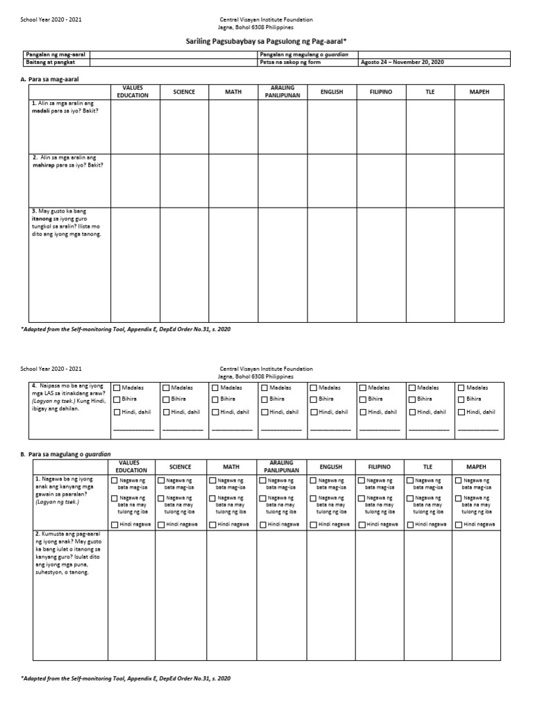 Edited Self Monitoring Tool 20-21 Grade 7-10 | PDF