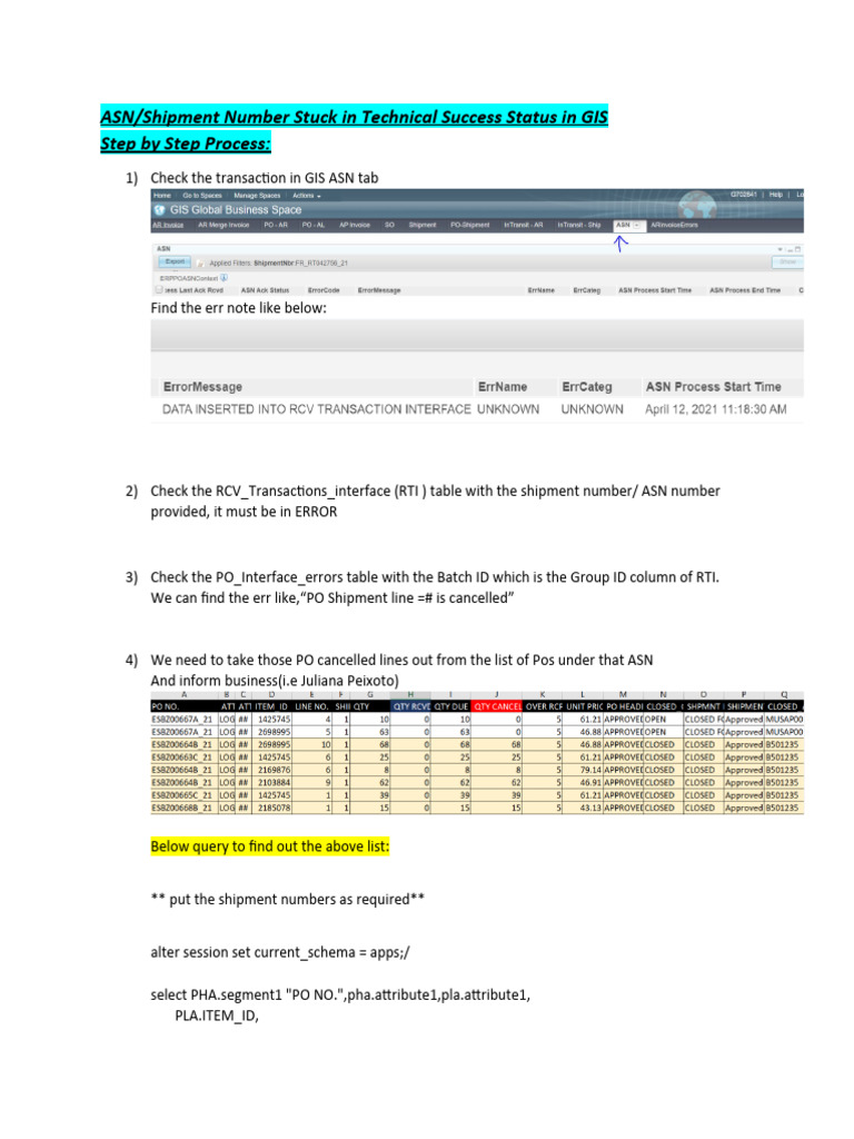ASN/Shipment Number Stuck in Technical Success Status in GIS Step by Step Process | Download ...
