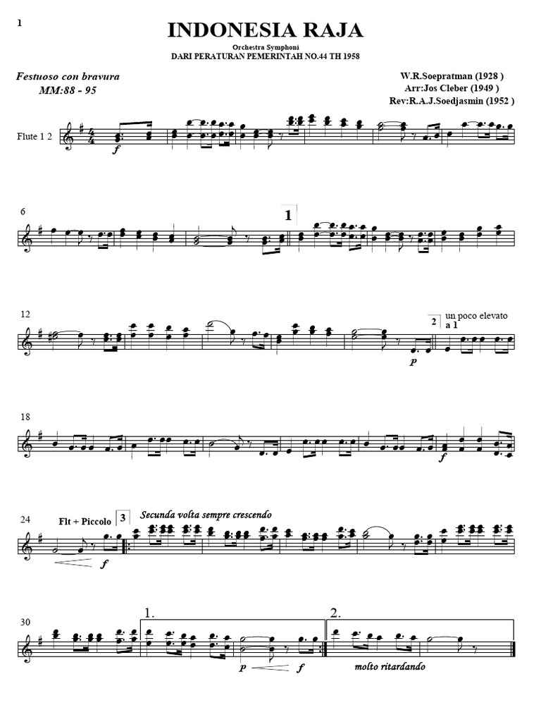 Indonesia Raya Versi Orchestra Symphoni - Flute 1 2 | PDF