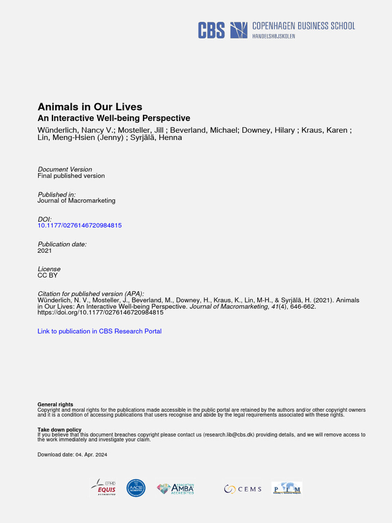 Nancy V Wunderlich Et Al Animals in Our Lives Publishersversion | PDF ...