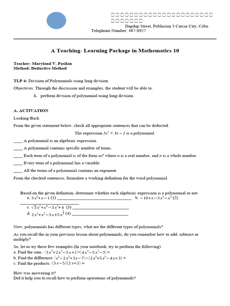 TLP 4 Division of Polynomials using long division | PDF | Division (Mathematics) | Polynomial