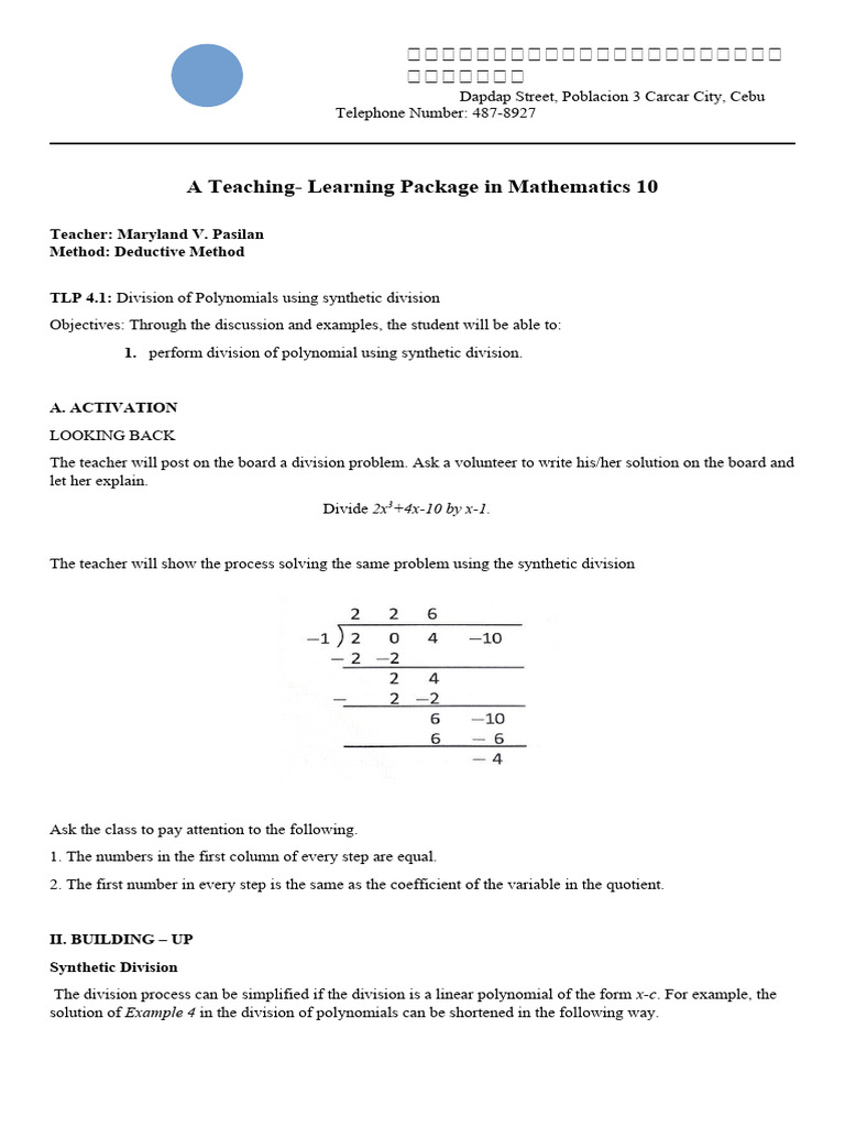 Synthetic Division in Polynomials Guide | PDF | Division (Mathematics ...