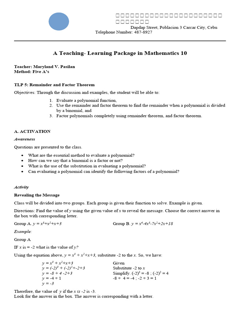 TLP 5 Remainder and Factor Theorem | PDF | Factorization | Polynomial