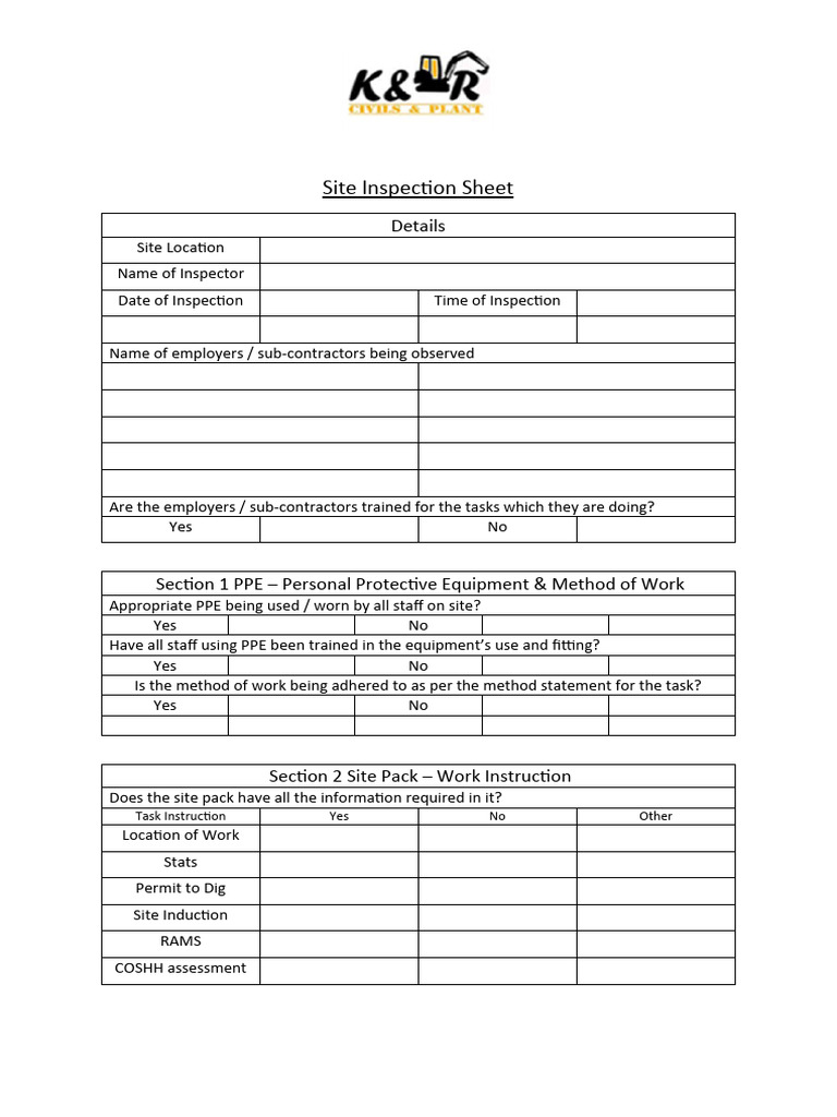 Site Inspection Sheet - 2023 | PDF | Personal Protective Equipment ...