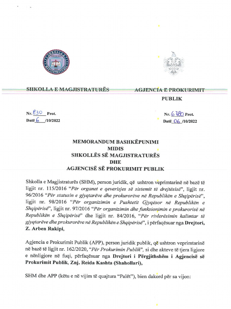 Memorandum Bashkepunimi Nr. 6780 Prot. Date 06.10.2022 | PDF