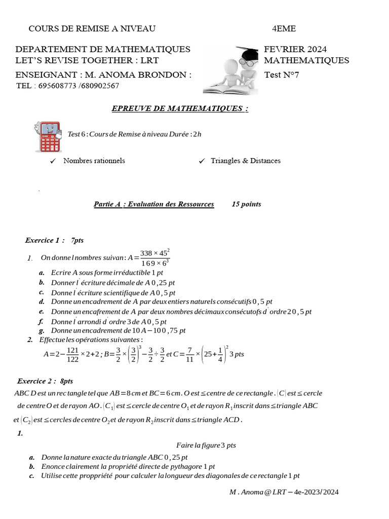 Test de Remise à Niveau en Mathématiques 4ème | PDF | Mathématiques ...