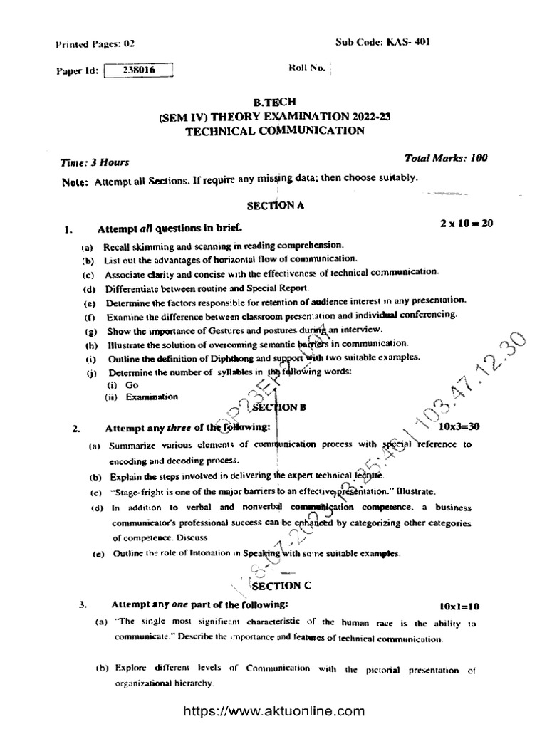 Btech As 4 Sem Technical Communication Kas 401 Jul 2023 | PDF