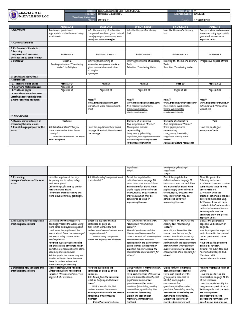 DLL - English 5 - Q1 - W3 | PDF | Reading Comprehension | Learning