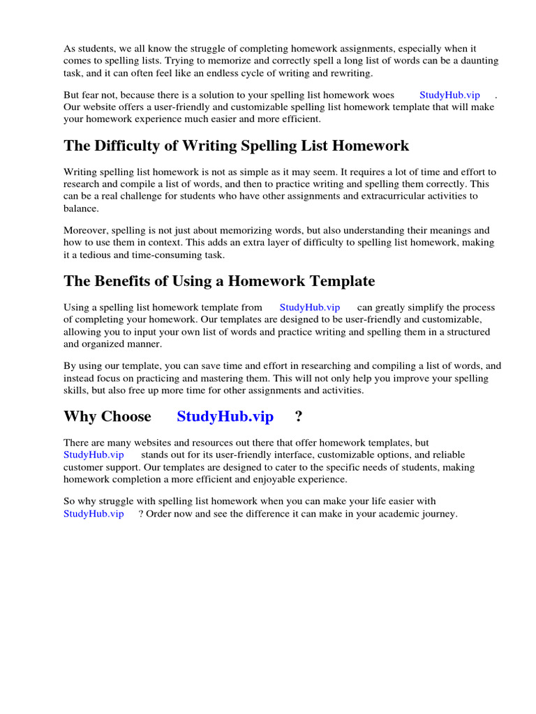 Spelling List Homework Template | PDF | Safari (Web Browser) | Worksheet