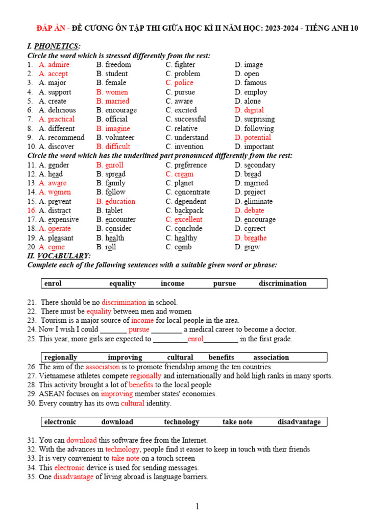 ĐỀ CƯƠNG ÔN TẬP GIỮA KÌ 2 KHOI 10 -dapan | PDF