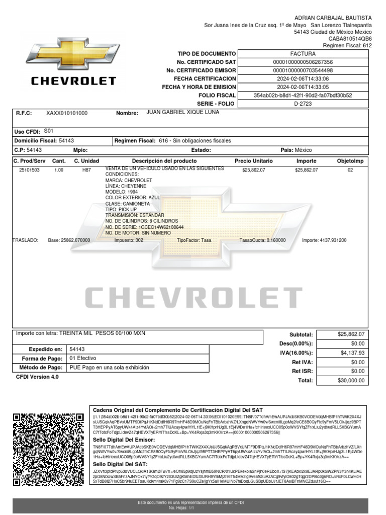 Refactura Chevrolet Cheyenne 1994 | PDF | Vehículos de ruedas | Vehículos
