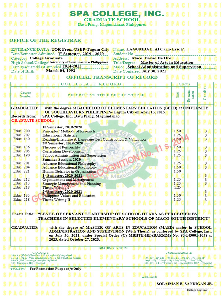 Lagumbay-Al-Carlo-Eric-P. - TOR | PDF | Academic Degree