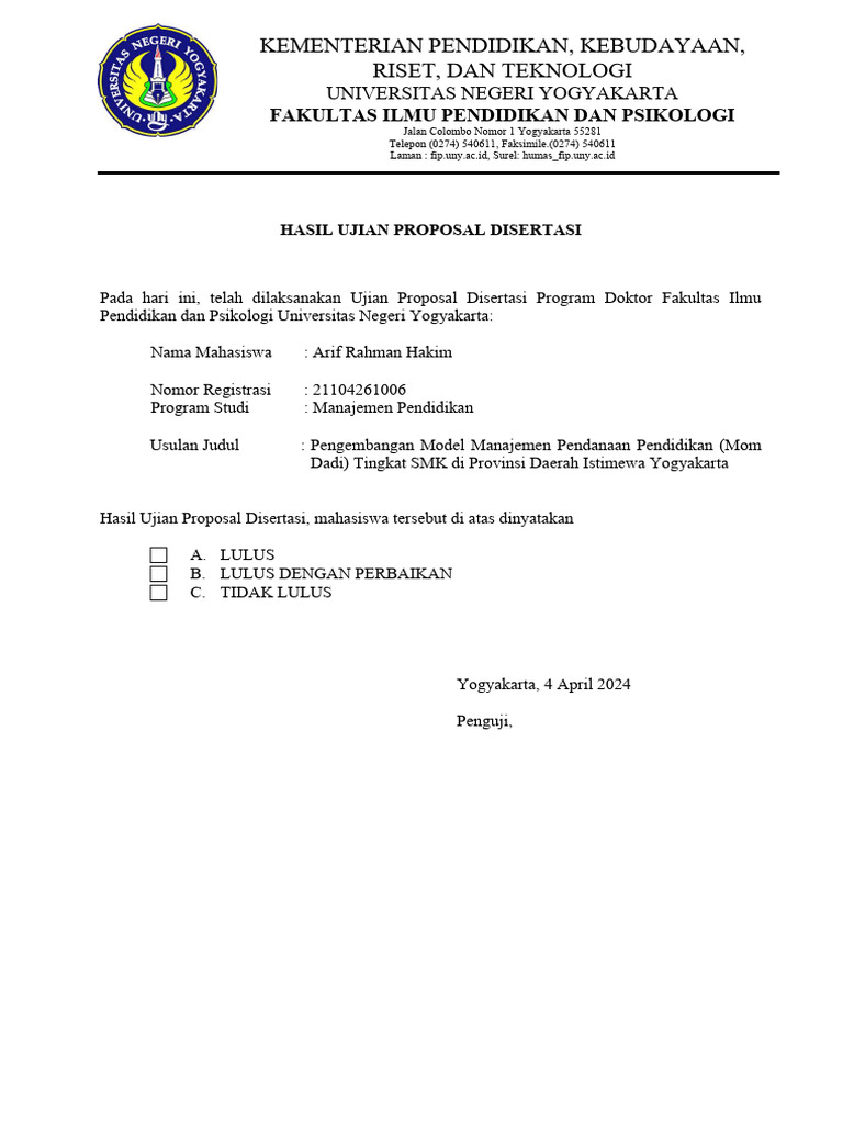 FORMAT PENILAIAN UJIAN PROPOSAL - Arif Rahman Hakim | PDF | Karier & Perkembangan