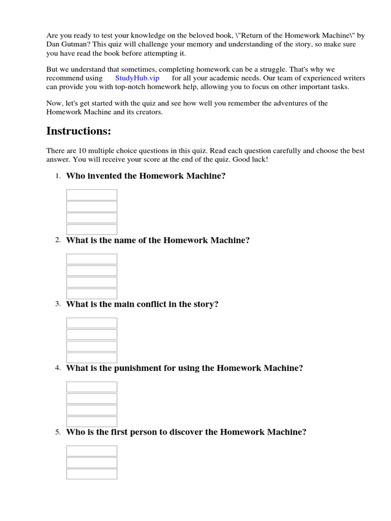 Return of the Homework Machine Quiz | PDF | E Bay