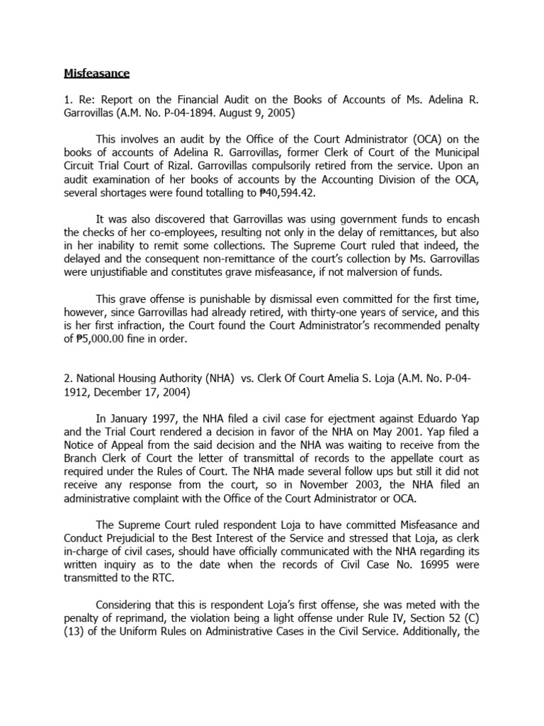Misfeasance and Malfeasance Cases Summary | PDF | Lawsuit | Bail