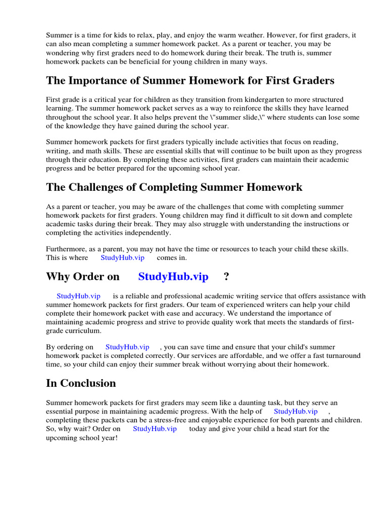 Summer Homework Packet For First Grade | PDF | Safari (Web Browser ...