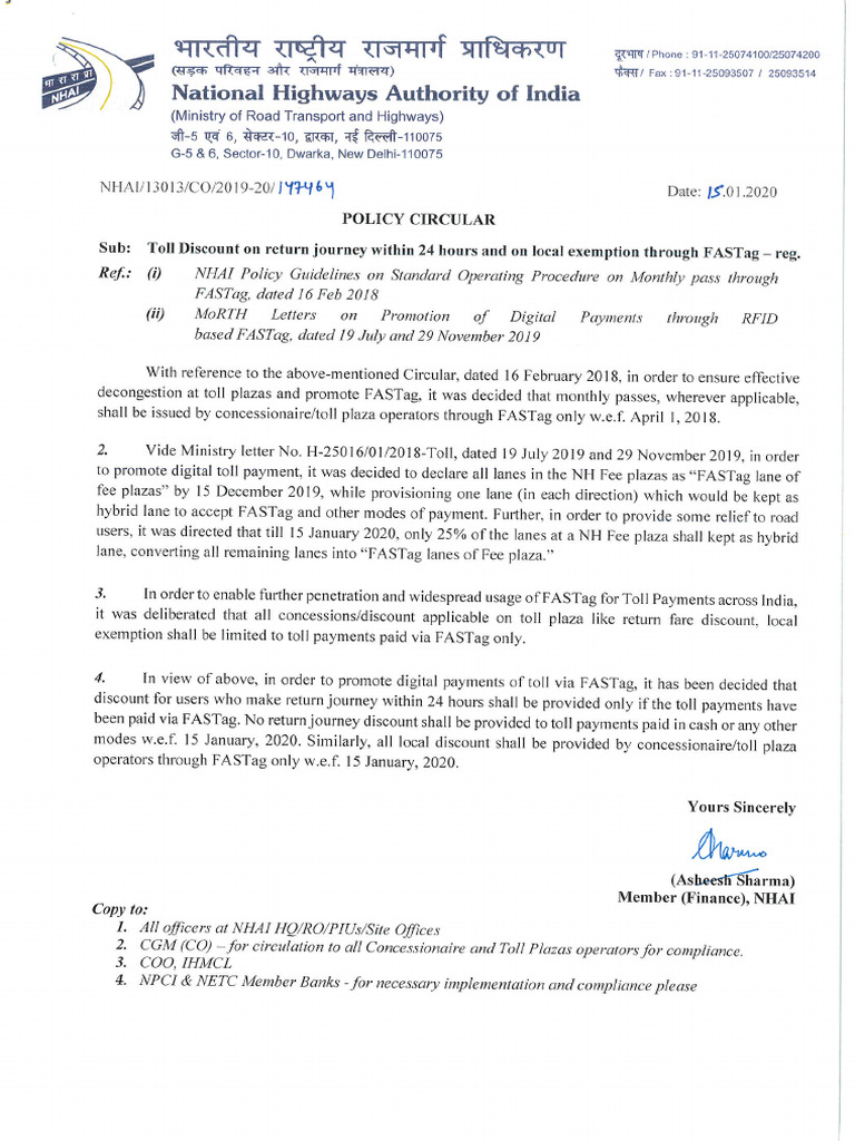 NHAI Letter On Discount - 15.01.2020 | PDF