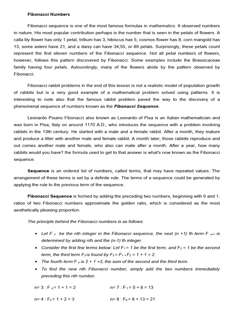 LESSON 1 Fibonacci Numbers | PDF | Number Theory | Mathematical Analysis