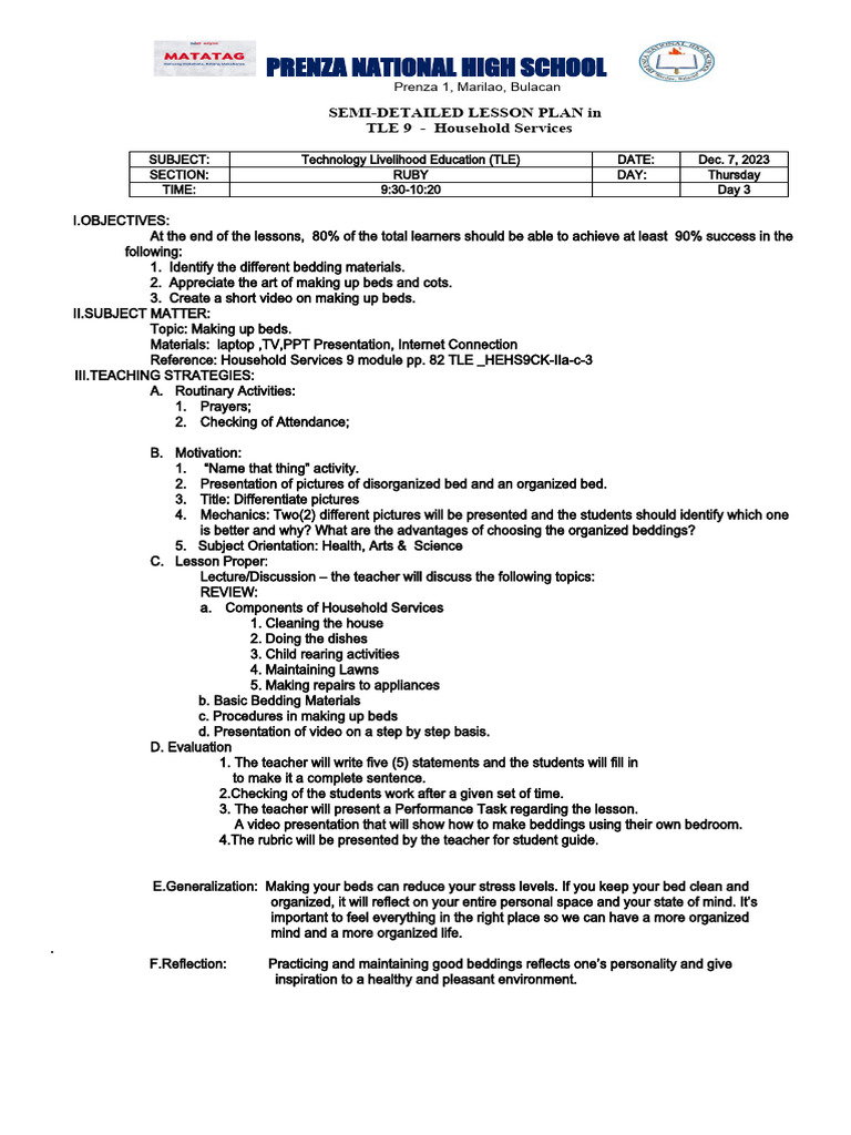 DLP Demo Teaching On Making Up Beds | PDF | Teachers | Lesson Plan