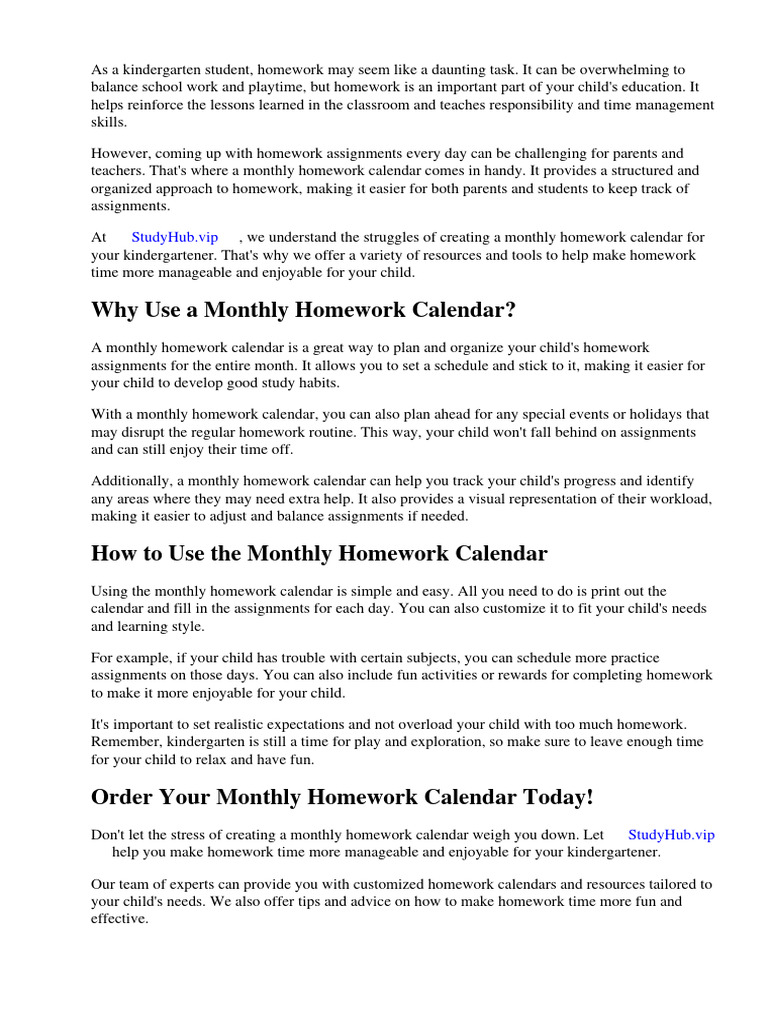 Monthly Homework Calendar Kindergarten | PDF | Homework | Preschool