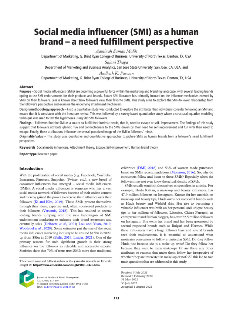 Social Media Influencer (SMI) As A Human Brand - A Need Fulfillment ...
