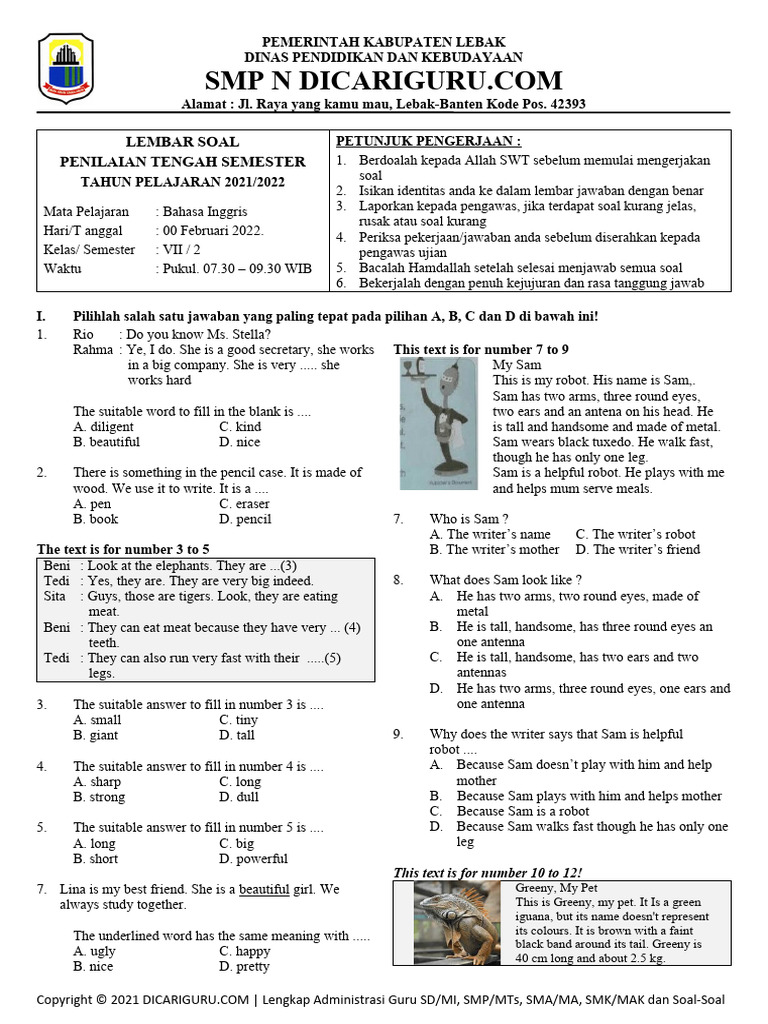 Soal PTS Genap Bhs Inggris Kelas 7 Baru | PDF