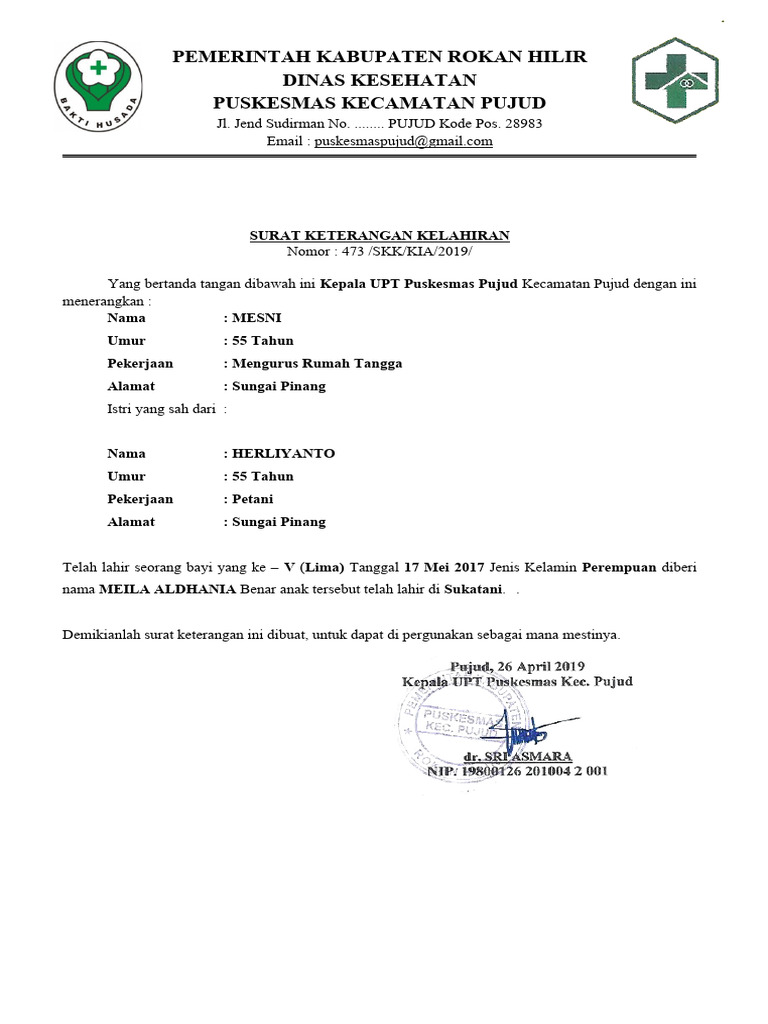 Surat Keterangan Kelahiran Puskesmas | PDF