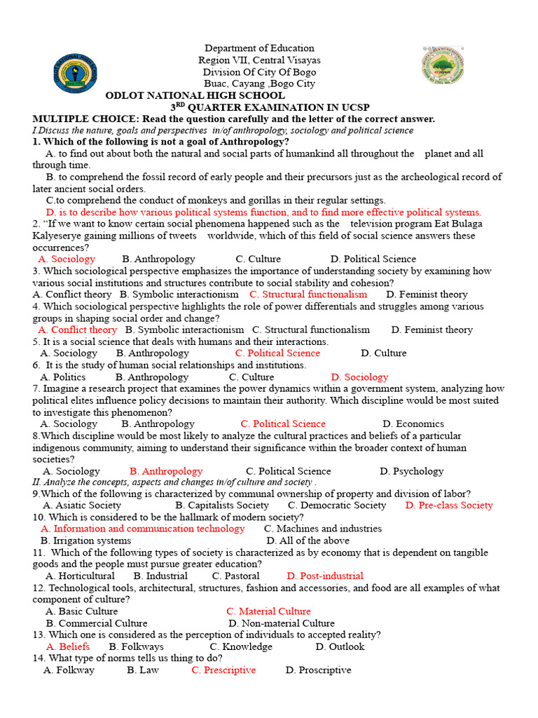 3RD-SUMMATIVE IN UCSP - Answer Key | PDF | Society | Sociology