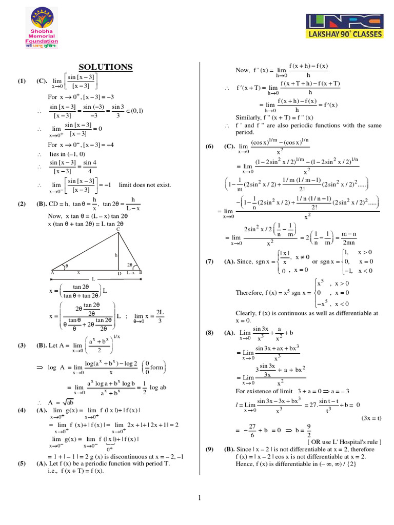 29.12.2023 Limit, Continuity and Differentiability of Function - SOLUTIONS | PDF | Mathematical ...