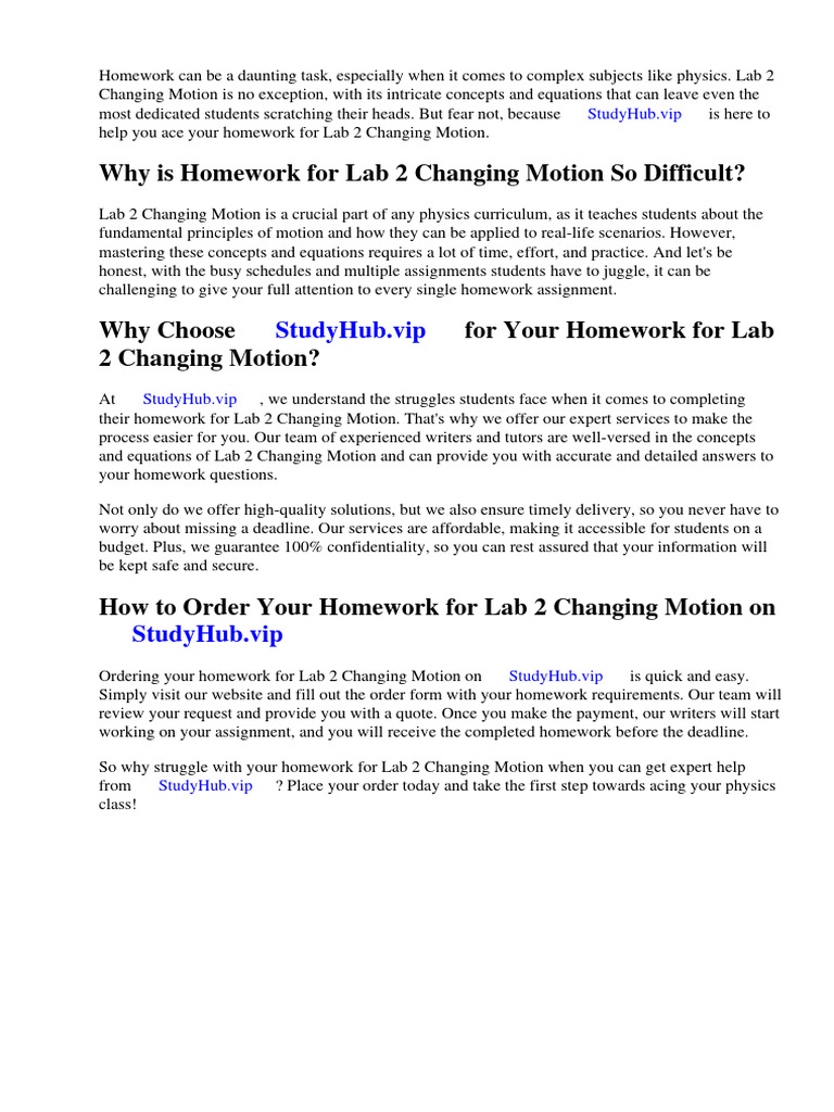 Homework For Lab 2 Changing Motion Answer Key | PDF | Force | Acceleration